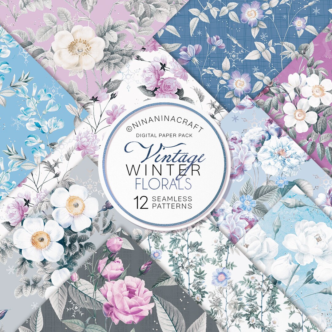 Winter Flowers Digital Papers, Floral Seamless Patterns by ...