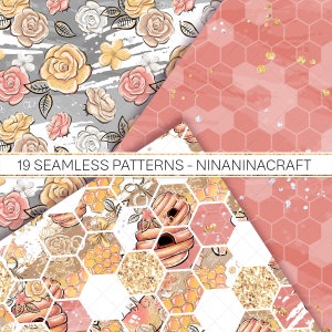 Honey Bee Digital Papers Basics, Gold Glitter Flowers, Fashion Seamless ...
