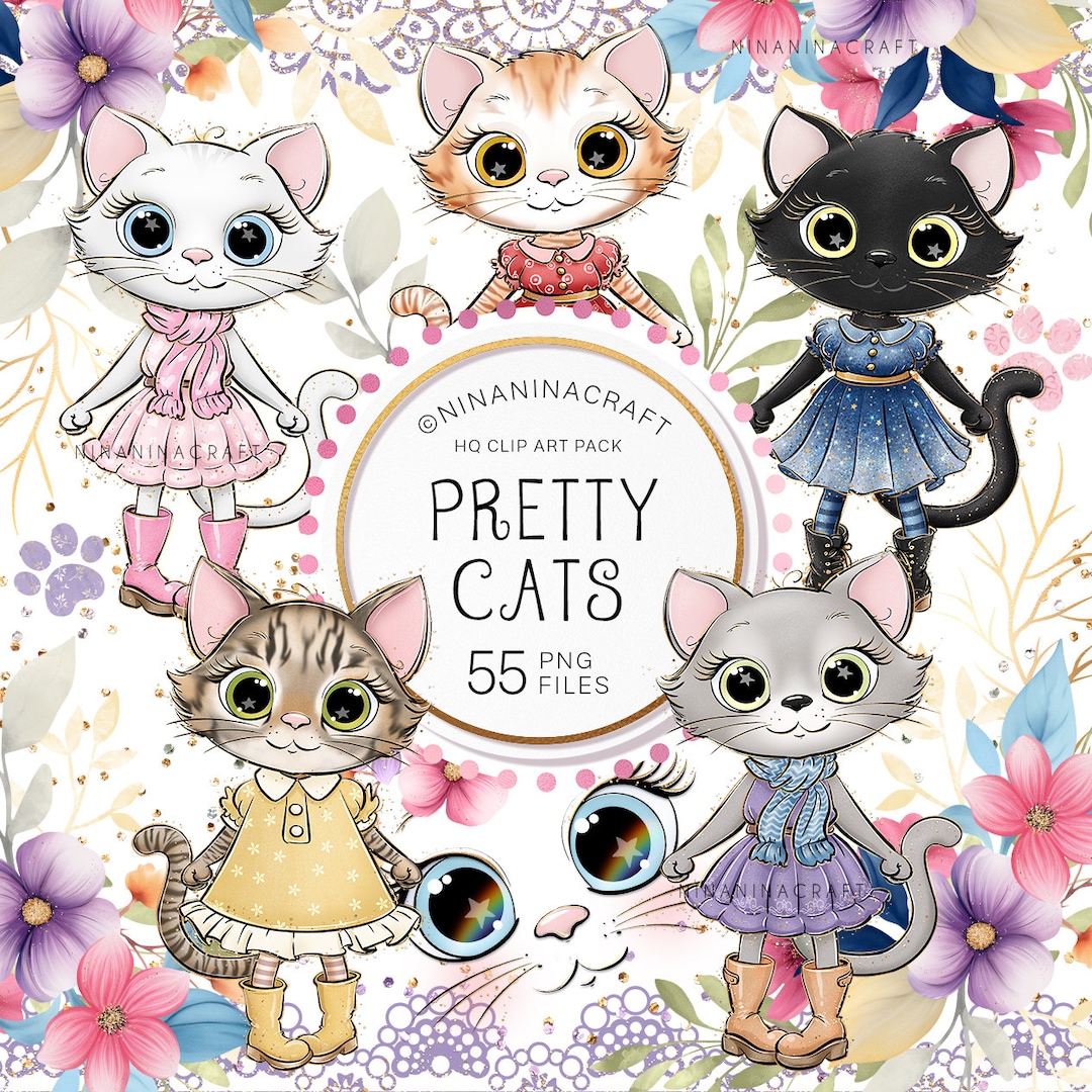 Cute Cats Clip Art Pack, Hand Drawn Kitty Clipart by Ninaninacraft ...