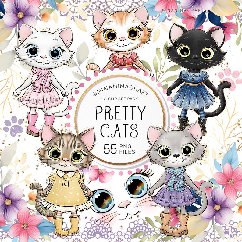 Cute Cats Clip Art Pack, Hand Drawn Kitty Clipart by Ninaninacraft ...