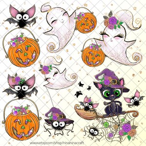 Cute Halloween Clipart Pack, Spooky Glitter Clip Art, Cute Bat, Candy ...