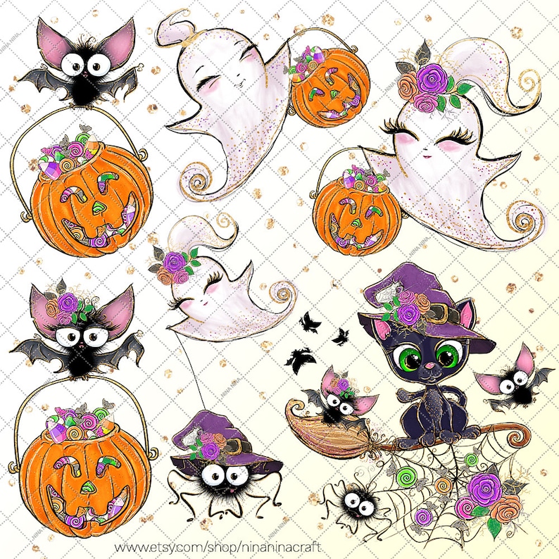 Cute Halloween Clipart Pack Spooky Glitter Clip Art Cute | Etsy