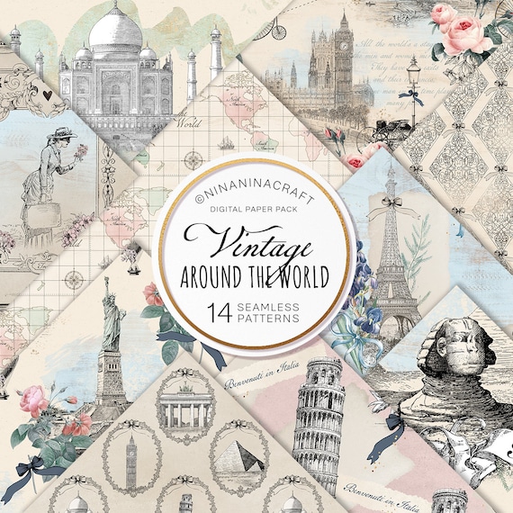 Vintage Travel Digital Papers World Landmarks Map Seamless - Etsy