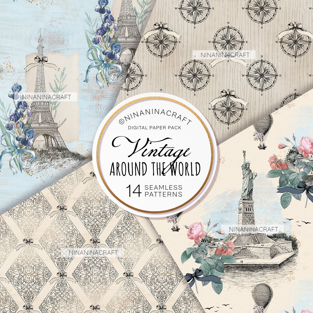 Vintage Travel Digital Papers World Landmarks Map Seamless - Etsy