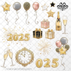 New Year Clipart, New Year's Planner Stickers, Party Clip Art, Gold ...