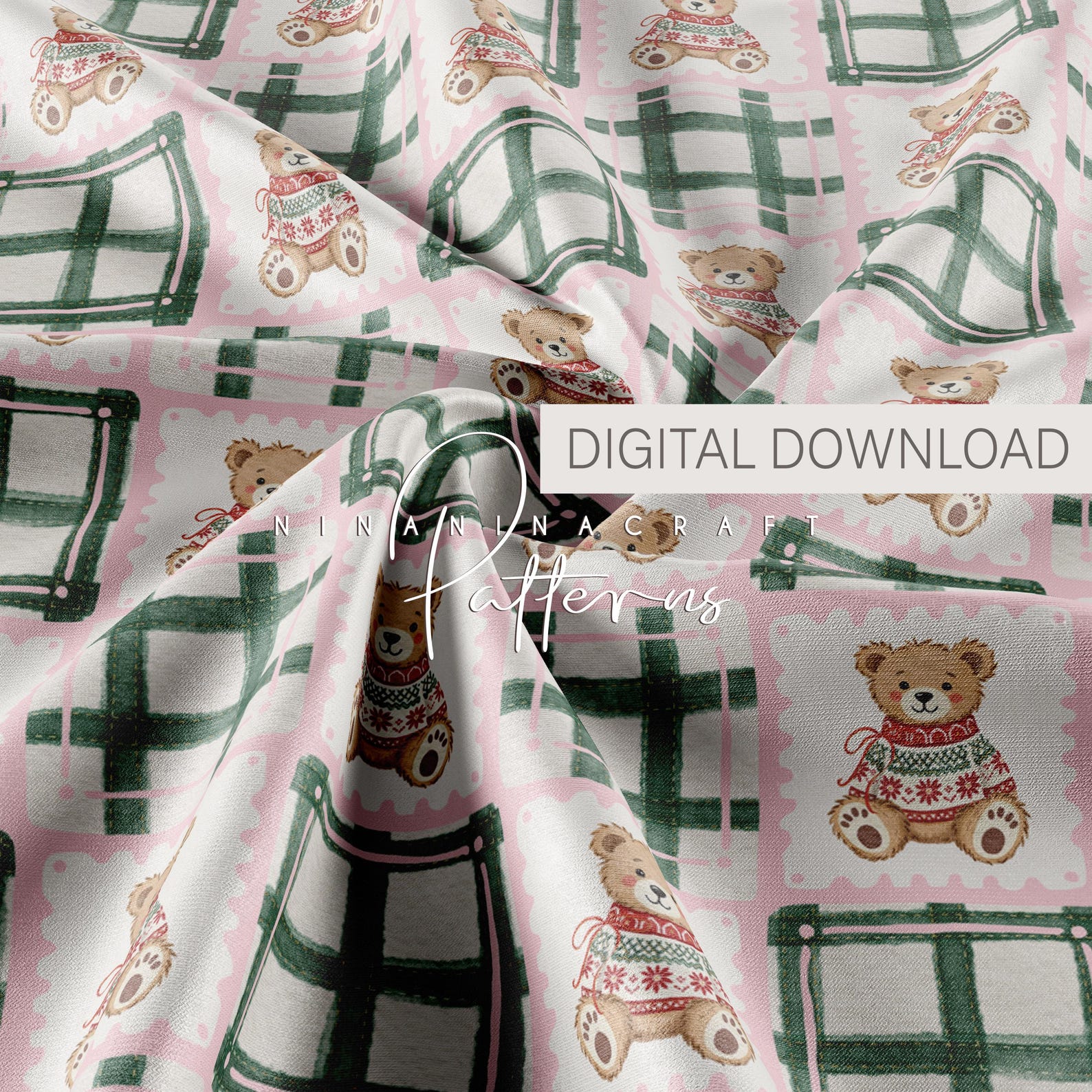 Christmas Teddy Bear Seamless Pattern by Ninaninacraft: Pink and Green ...