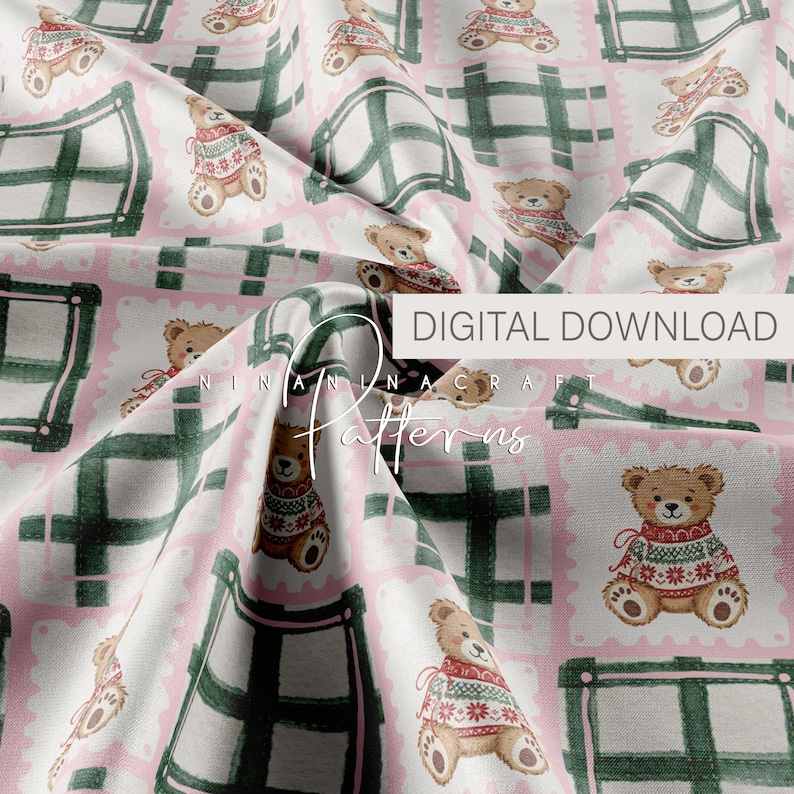 Christmas Teddy Bear Seamless Pattern by Ninaninacraft: Pink and Green ...