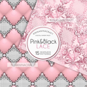 Pink and Black Lace Seamless Patterns, Elegant Digital Papers Pack by ...