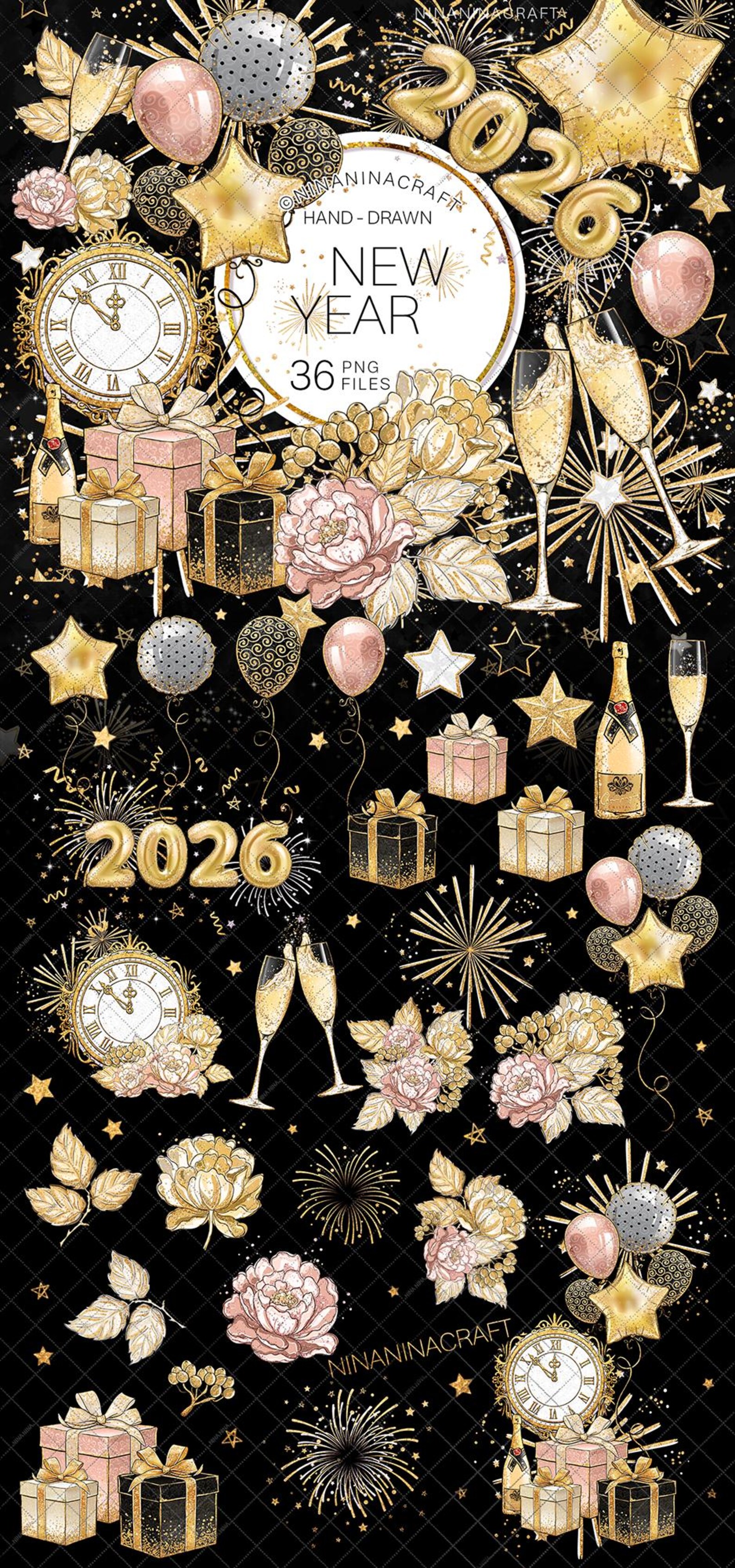 New Year Clipart, New Year's Planner Stickers, Party Clip Art, Gold ...