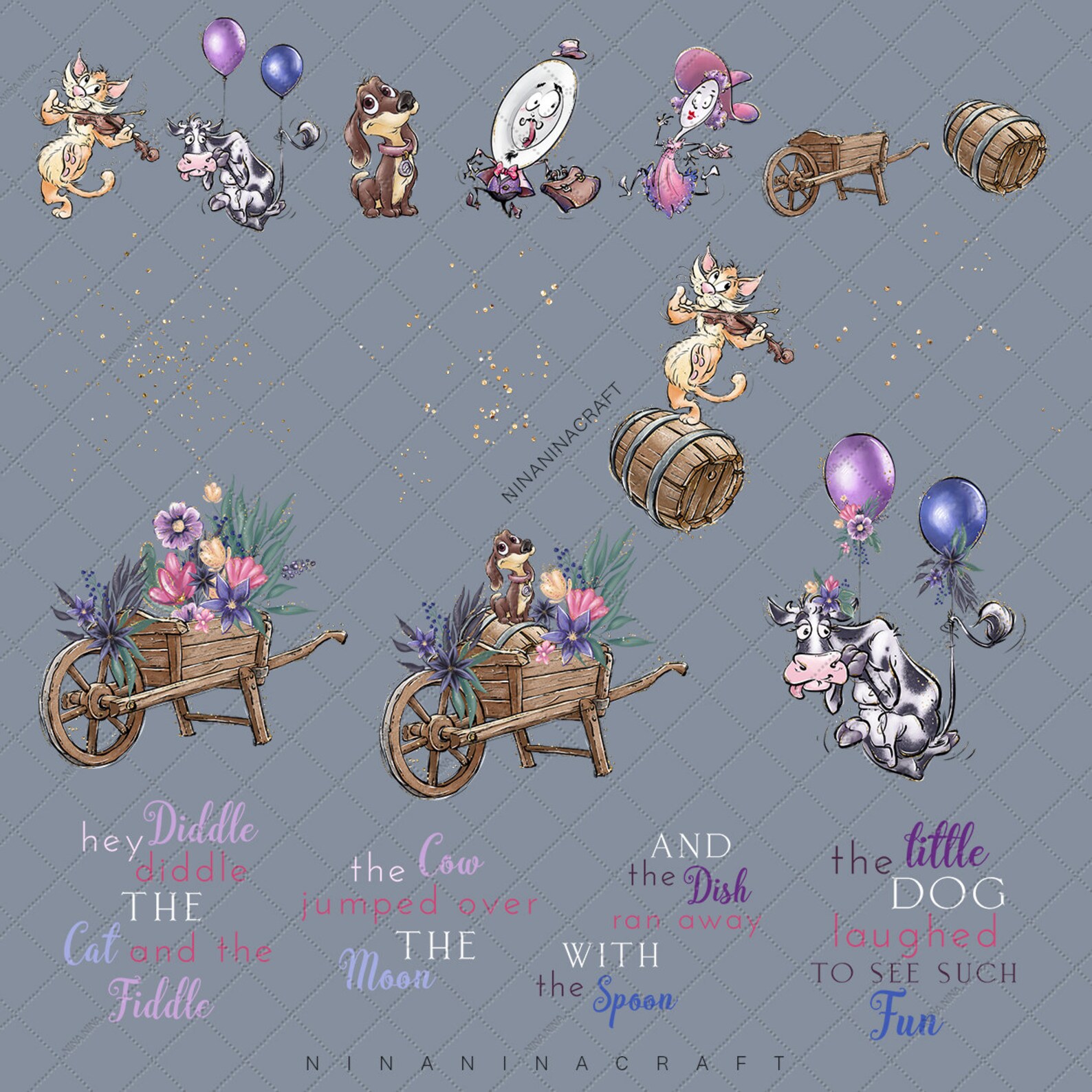 Hey Diddle Diddle Clip Art Pack by Ninaninacraft, Cow, Cat, Dog, Moon ...