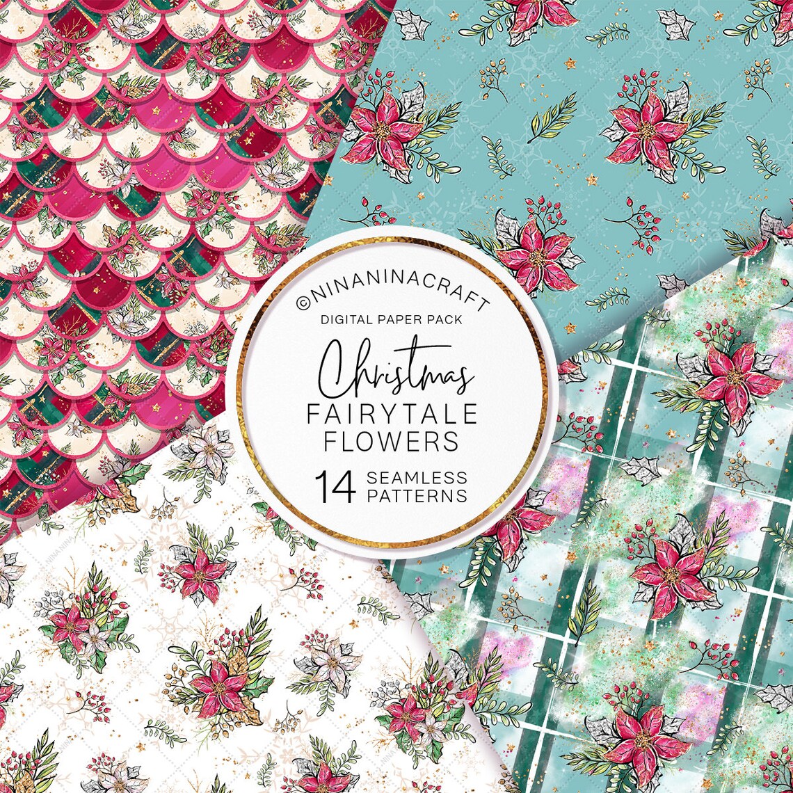 Christmas Flowers Digital Paper Pack Poinsettia Seamless - Etsy