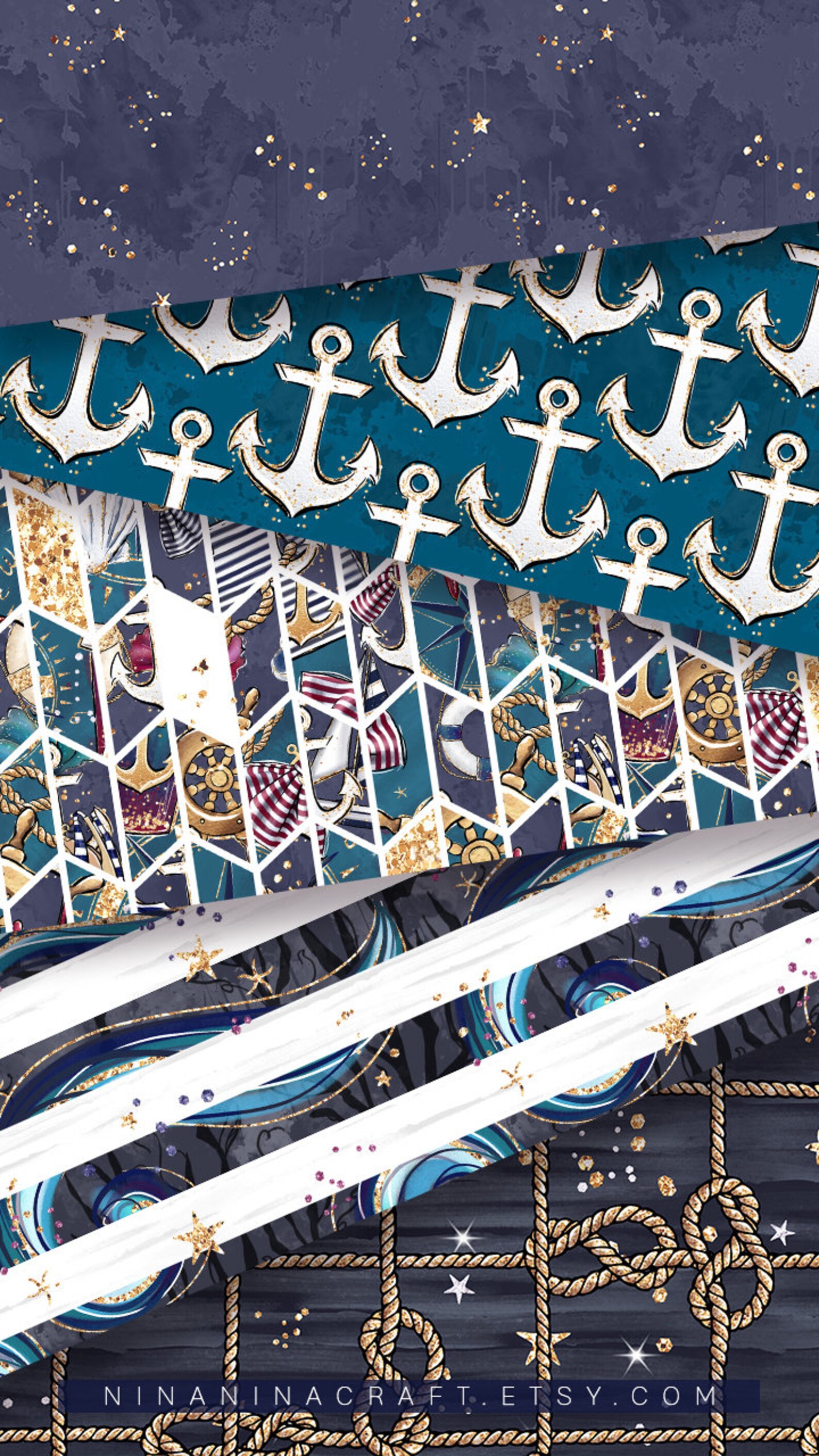 20 Nautical Digital Papers Basics, Dark Red, Blue Gold Stripes Seamless ...