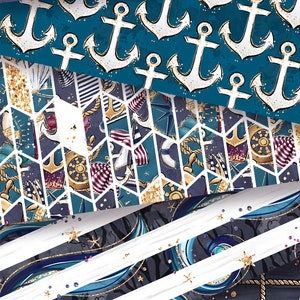 20 Nautical Digital Papers Basics, Dark Red, Blue Gold Stripes Seamless ...