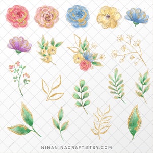 Spring Flowers Clip Art, Easter Floral Watercolor Clipart, Gold Glitter ...