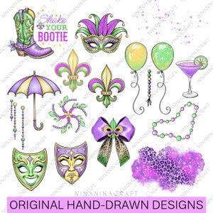 Mardi Gras Clipart by Ninaninacraft, Hand Drawn Clip Art Pack, Mardi ...