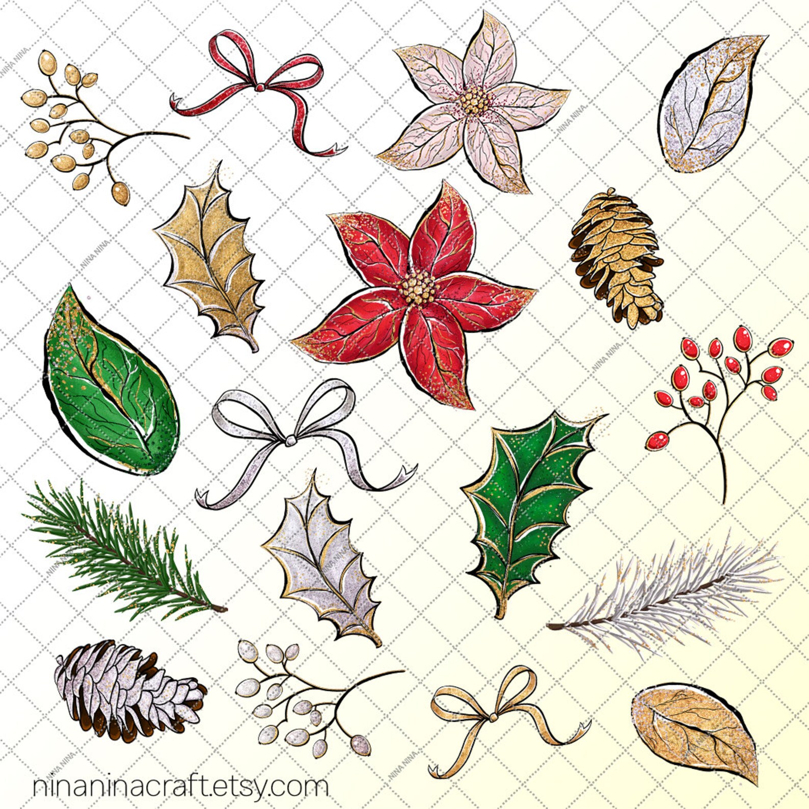 Christmas Flowers Clipart Poinsettia Clip Art Glitter | Etsy