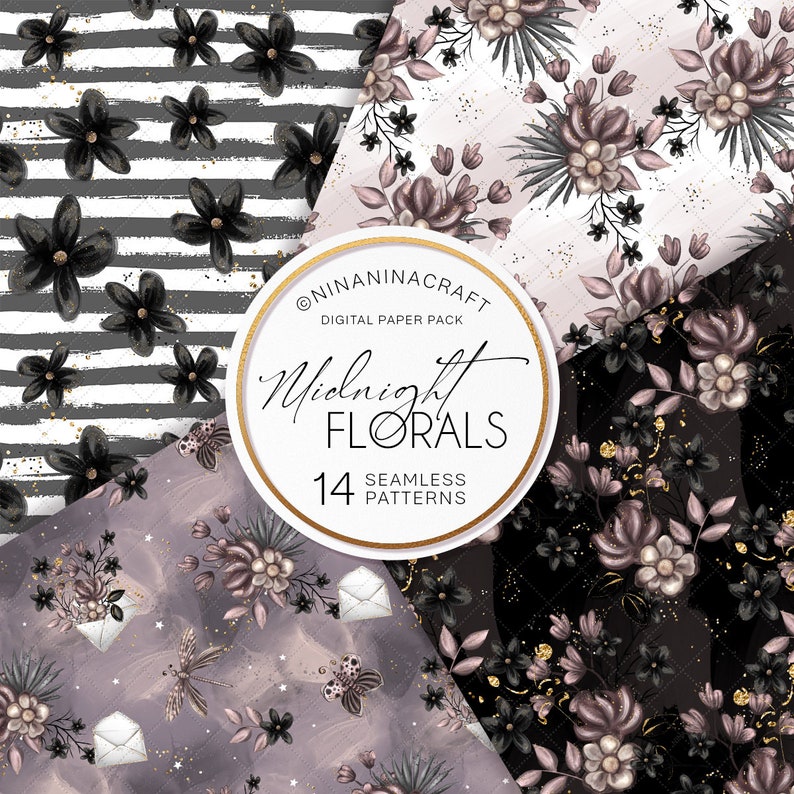 Glittery Florals Digital Paper Dark Pretty Flowers Seamless | Etsy