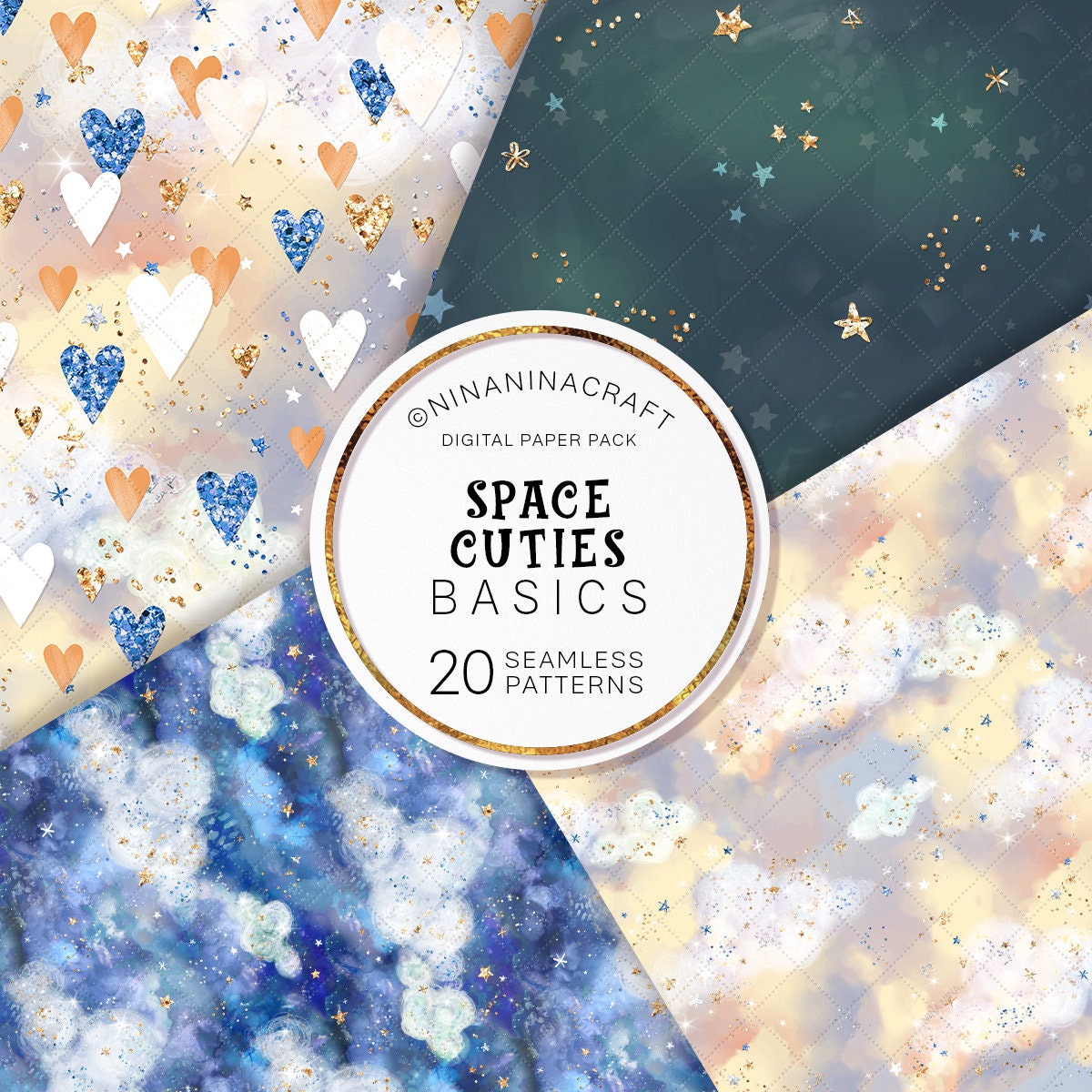 Cute Space Digital Papers Basics, Glittery Galaxy Seamless Patterns by ...