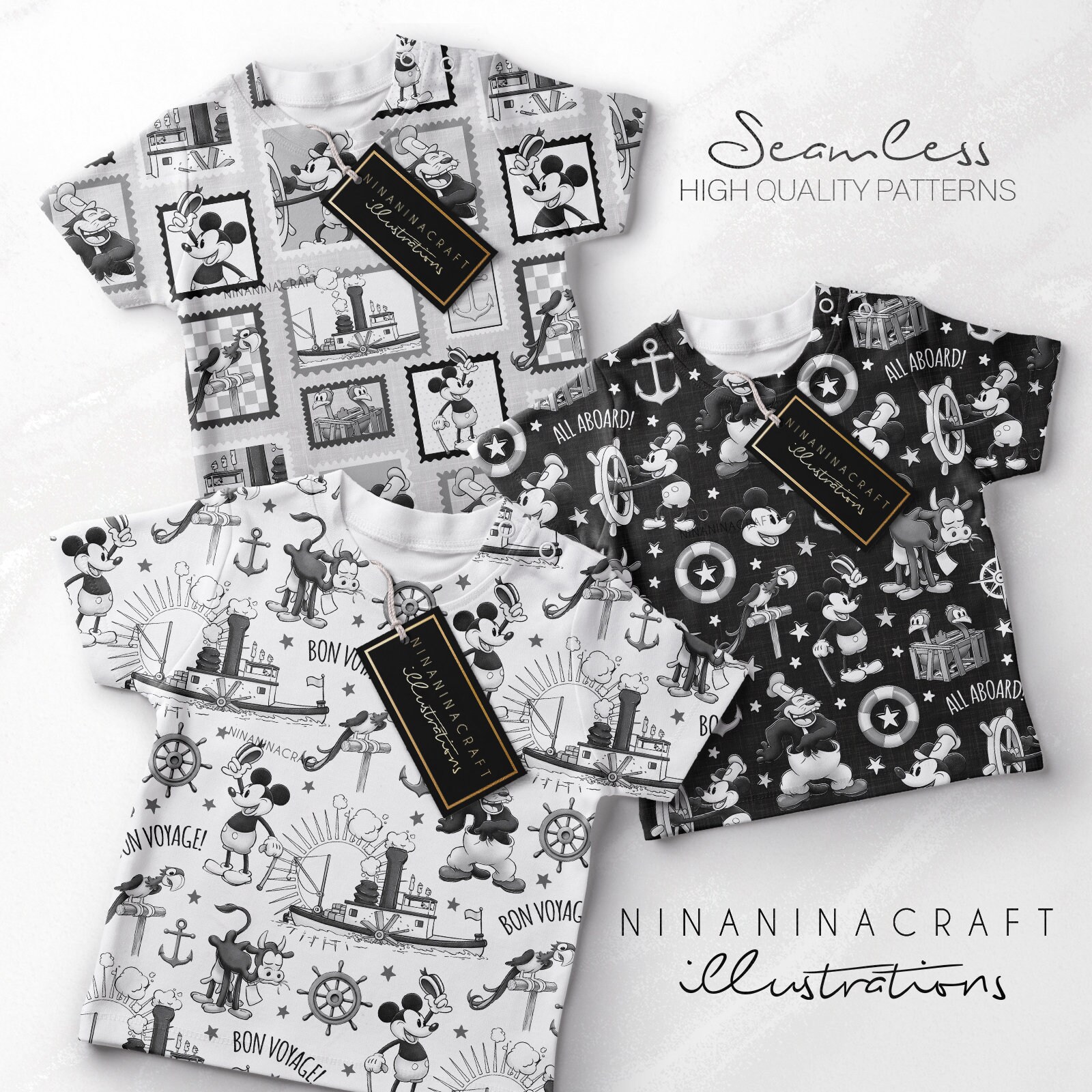 Steamboat Willie Seamless Pattern Pack, Hand-drawn Nautical Digital ...
