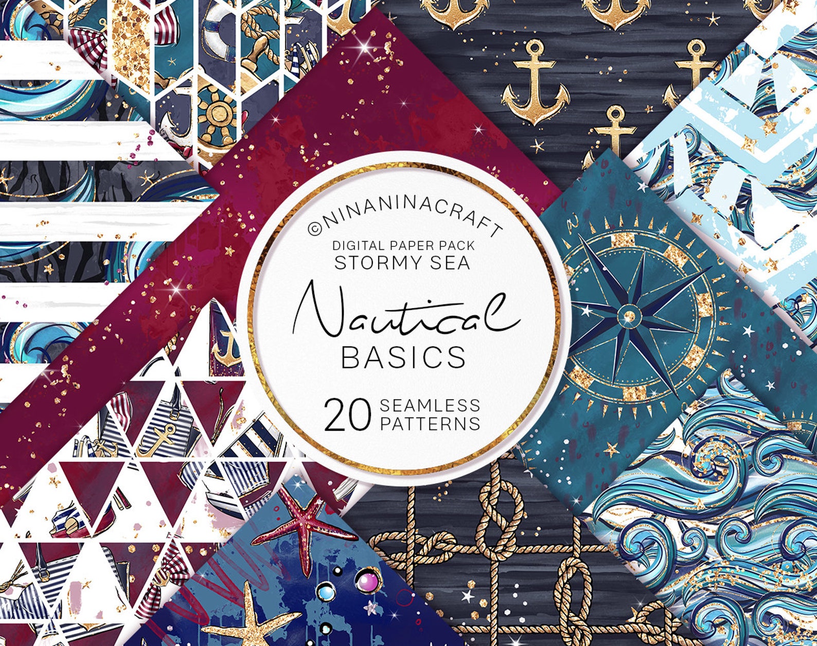 20 Nautical Digital Papers Basics Dark Red Blue Gold Stripes | Etsy