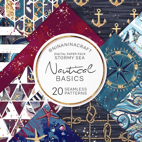 20 Nautical Digital Papers Basics Dark Red Blue Gold Stripes - Etsy