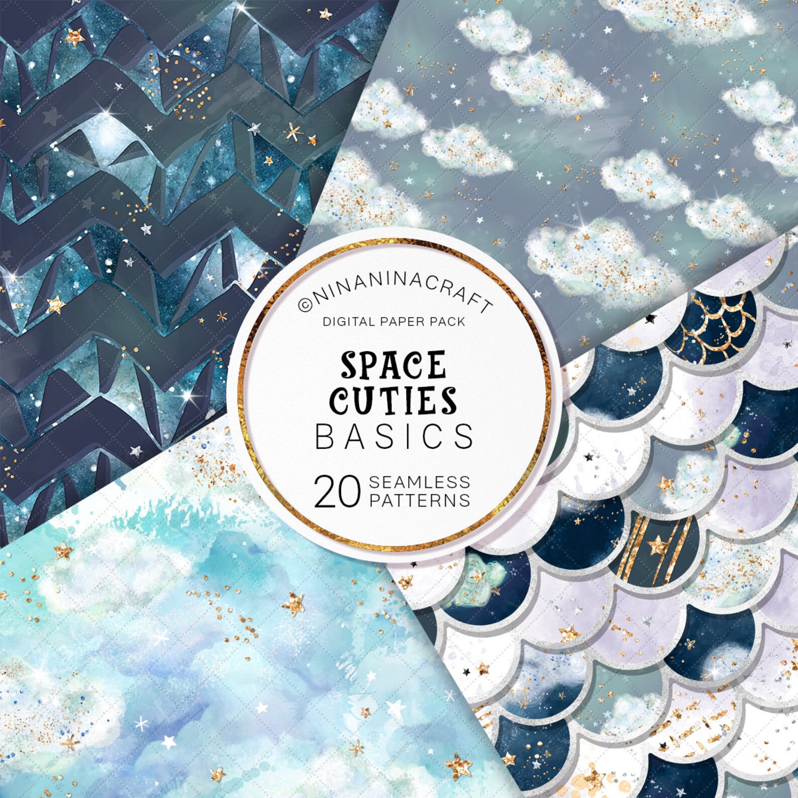 Cute Space Digital Papers Basics, Glittery Galaxy Seamless Patterns by ...