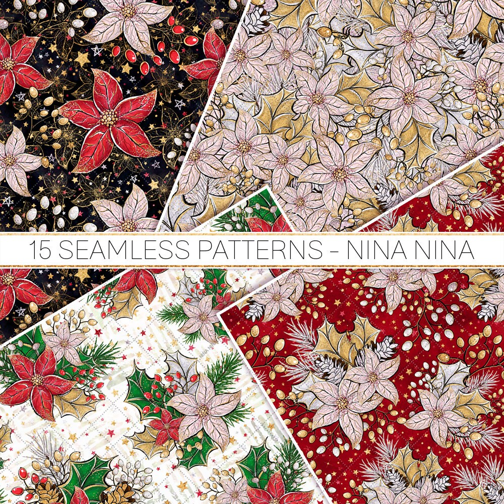Christmas Flowers Digital Papers Poinsettia Seamless | Etsy