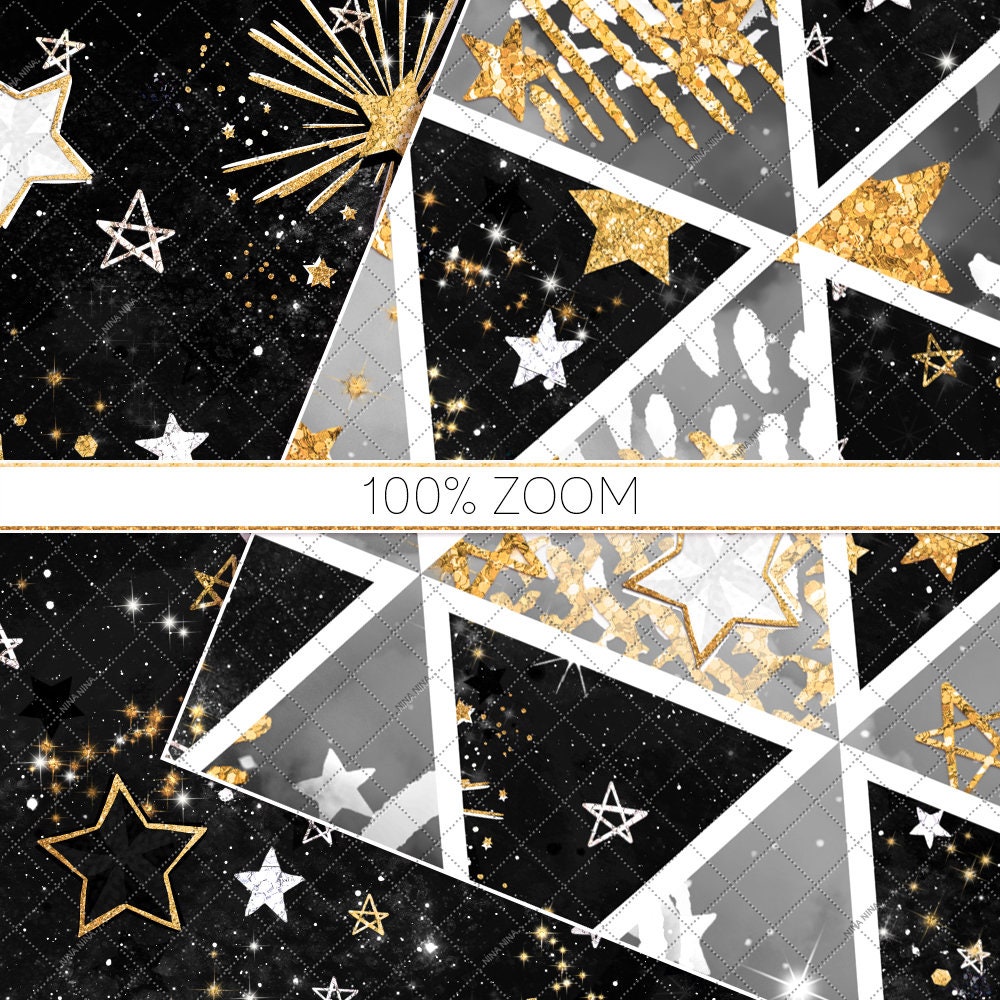 Stars Digital Papers, Gold Glitter Seamless Pattern, Black and White ...
