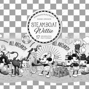 Steamboat Willie Seamless Pattern Pack, Hand-drawn Nautical Digital ...