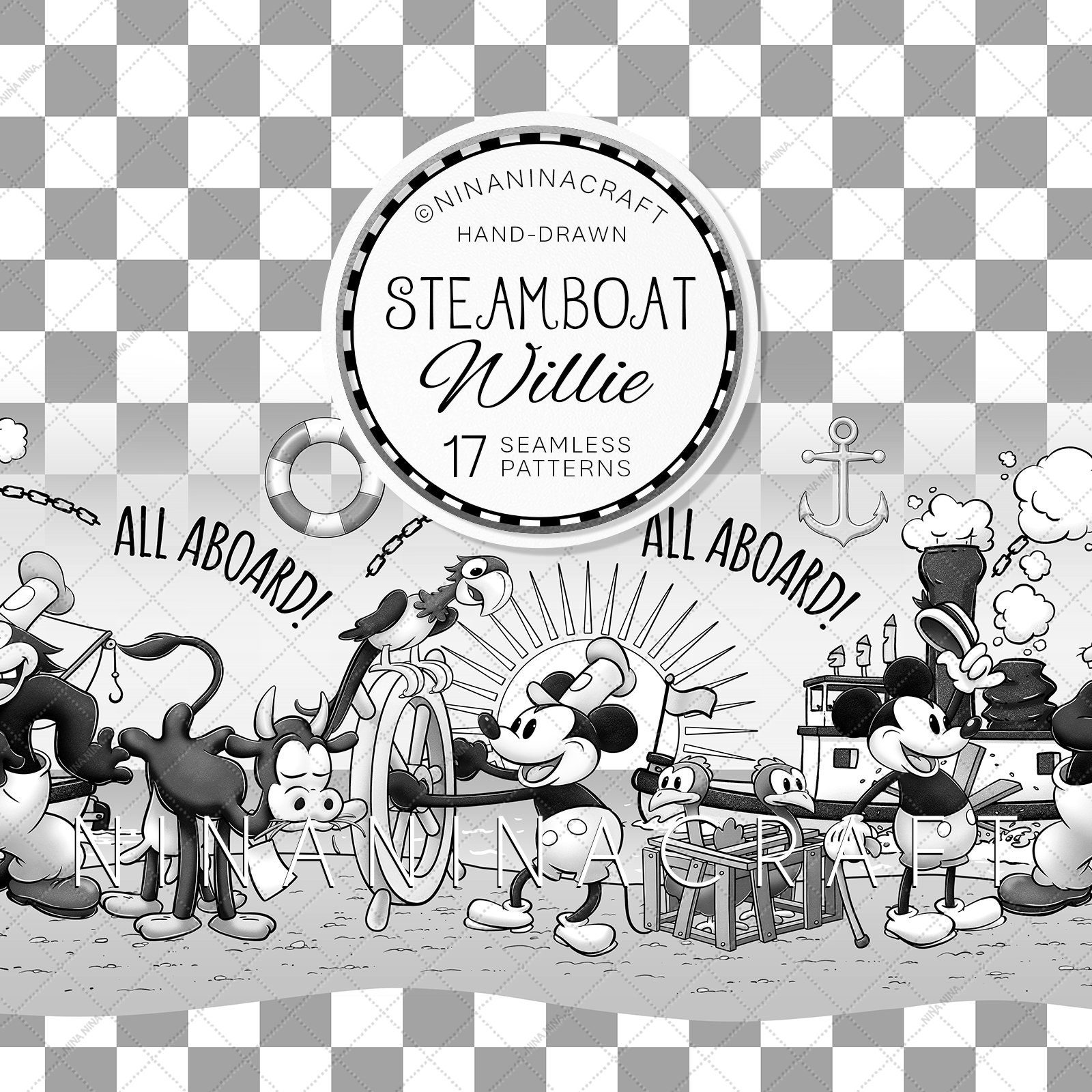 Steamboat Willie Seamless Pattern Pack, Hand-drawn Nautical Digital ...