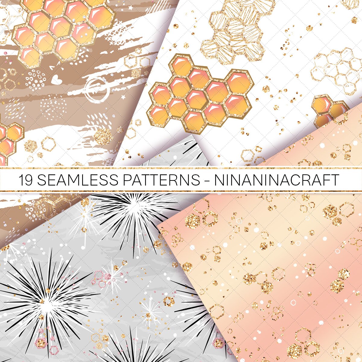 Honey Bee Digital Papers Basics Gold Glitter Flowers Fashion | Etsy