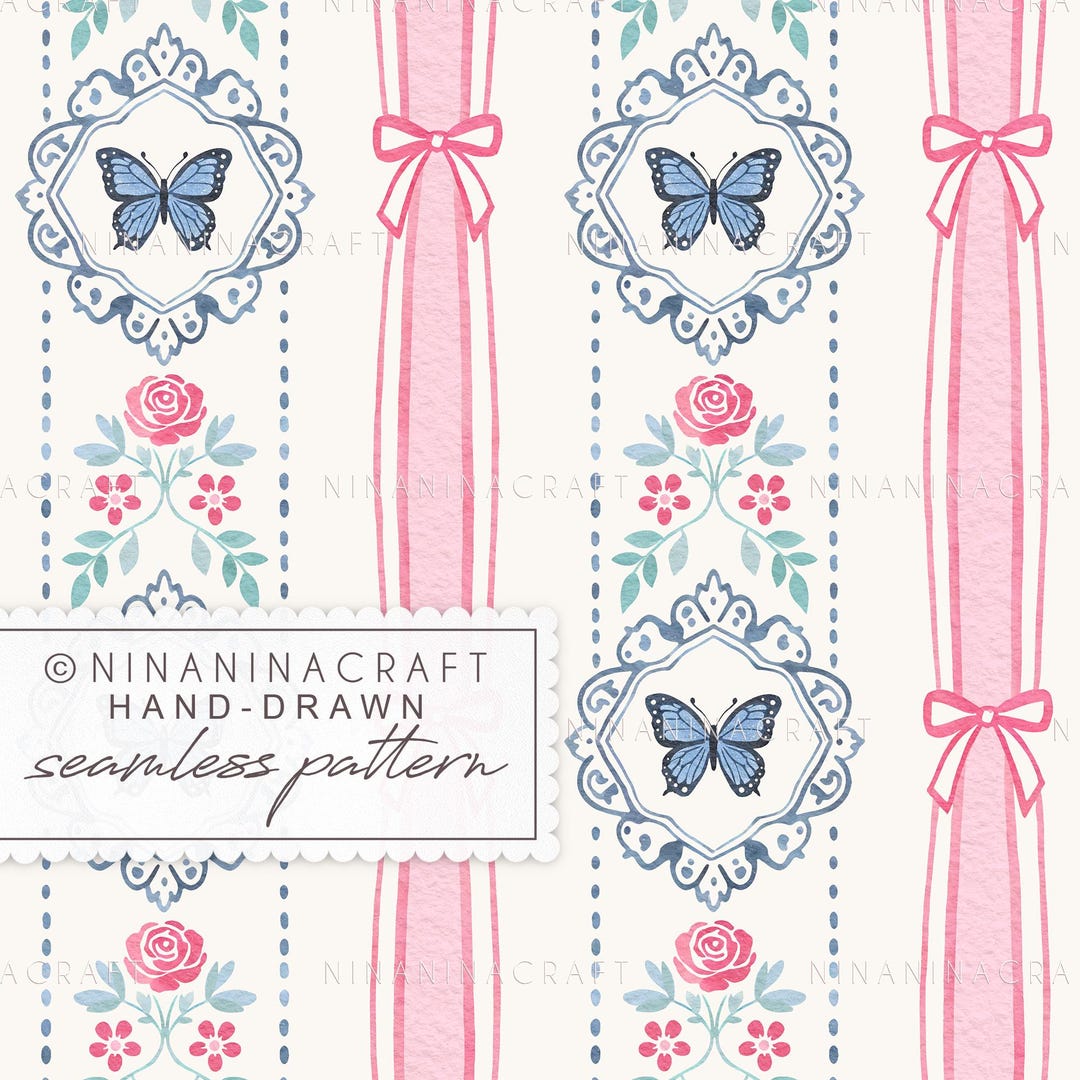 Preppy Blue Butterfly Seamless Pattern by Ninaninacraft: Pink and Blue ...
