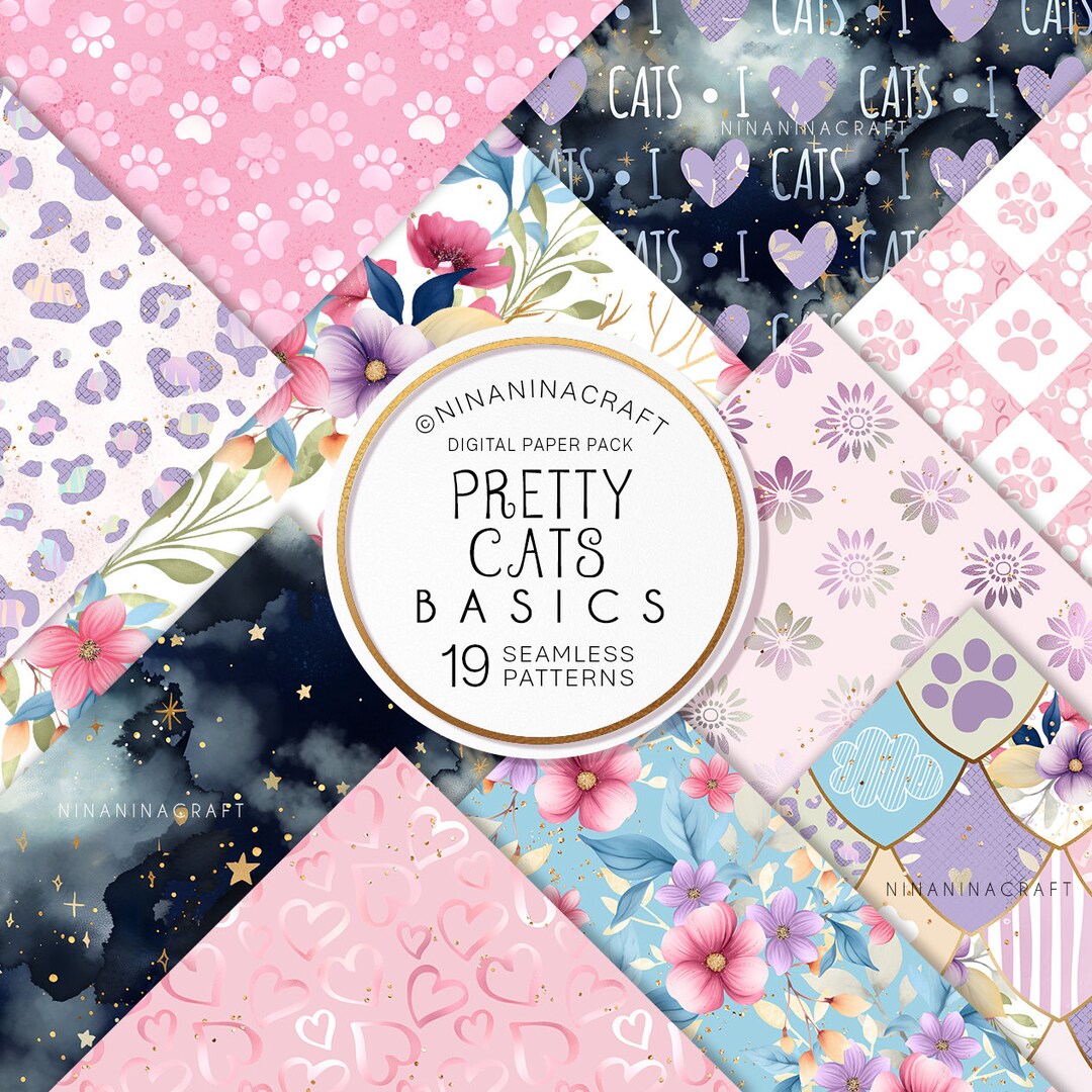 Cute Cat Inspired Seamless Pattern Pack, Hand Drawn Digital Papers by ...