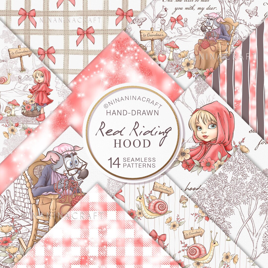 Little Red Riding Hood Seamless Patterns, Cute Woodland Digital Papers ...