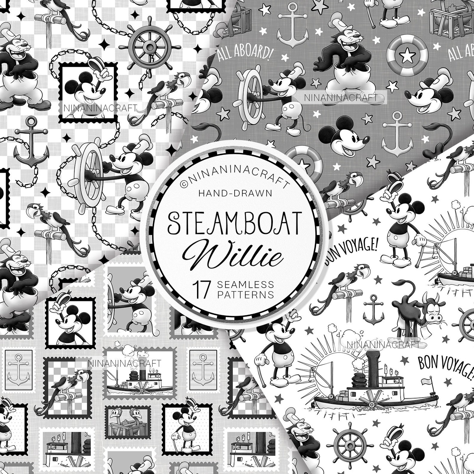 Steamboat Willie Seamless Pattern Pack, Hand-drawn Nautical Digital ...