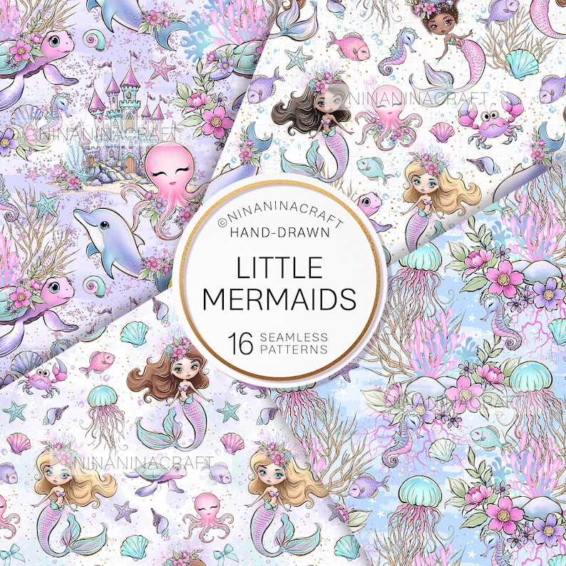 Mermaids Digital Paper by Ninaninacraft, High Res JPG Seamless Pattern ...