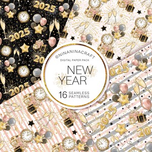 New Year Digital Paper Pack, Peony Flowers Seamless Patterns, Party ...