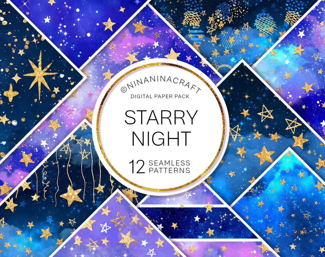 Stars Digital Paper Pack Gold Glitter Seamless Pattern Night | Etsy