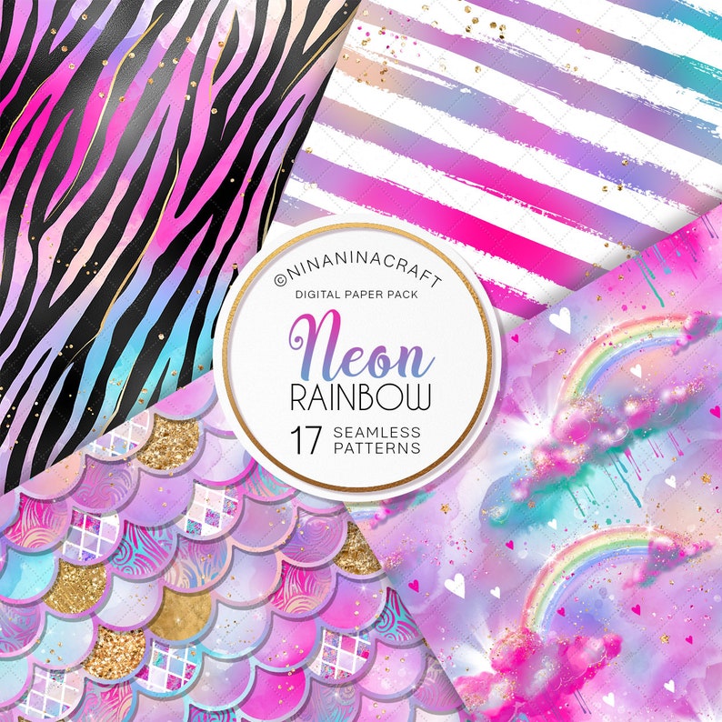 Neon Rainbow Digital Papers by Ninaninacraft, Colorful Hot Pink ...