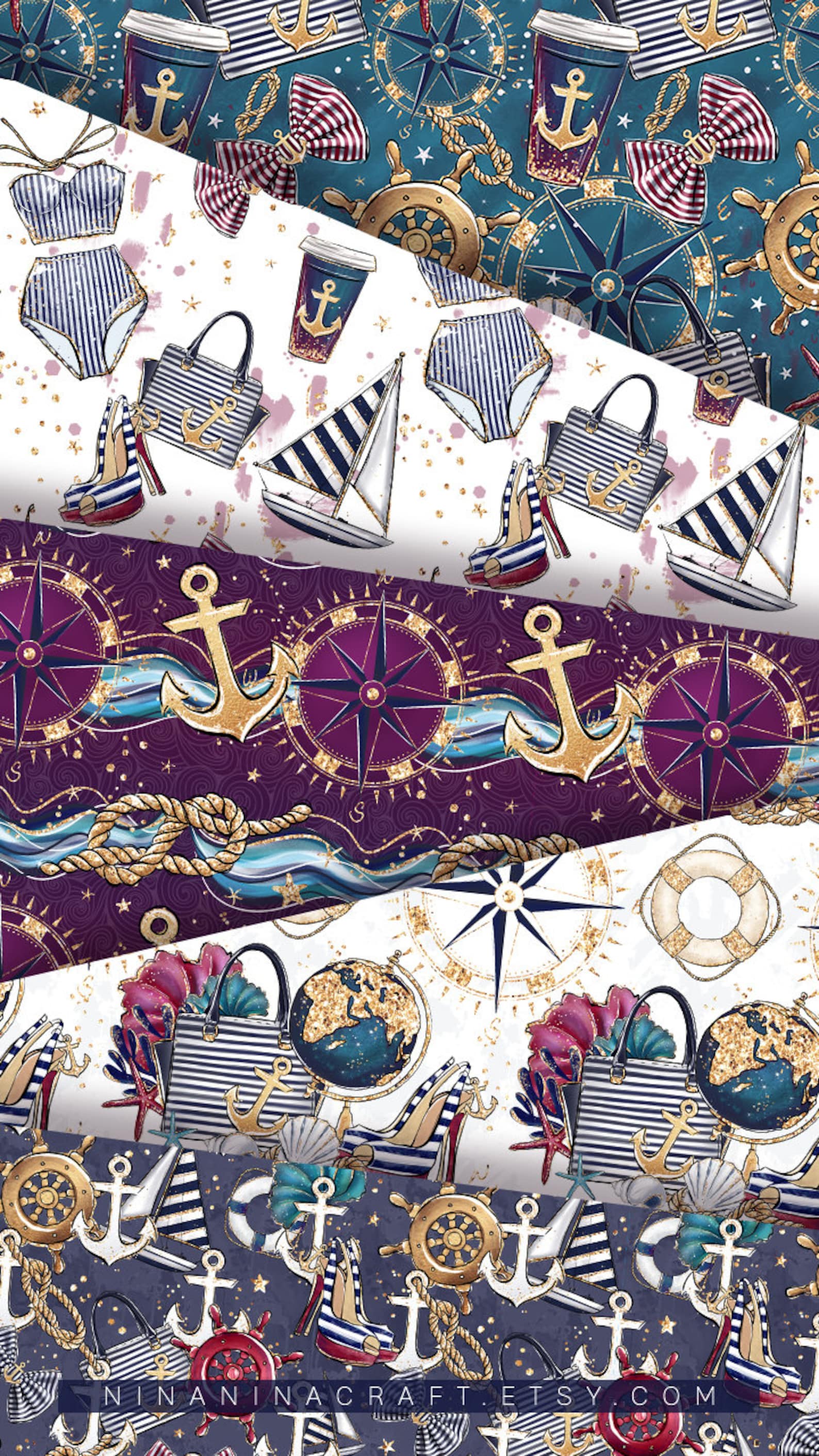 15 Nautical Digital Papers, Dark Sea Seamless Patterns, Summer Fashion ...