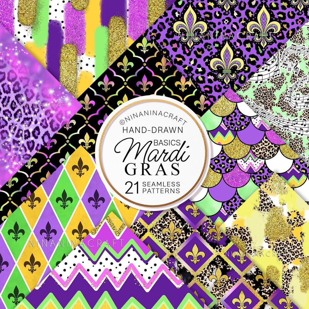 Mardi Gras Digital Paper Pack by Ninaninacraft, Hand Drawn Seamless ...