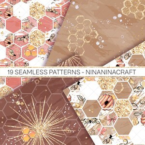 Honey Bee Digital Papers Basics, Gold Glitter Flowers, Fashion Seamless ...