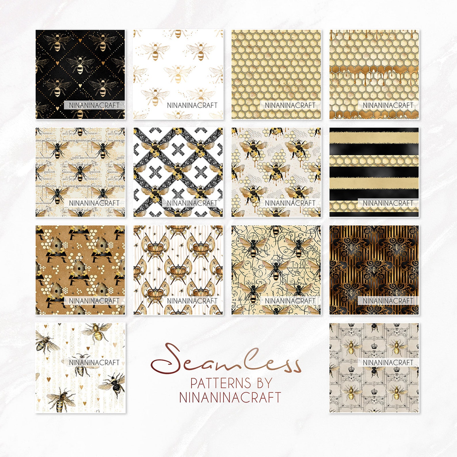 Honey Bee Digital Papers, Bumble Bee Seamless Patterns by Ninaninacraft ...