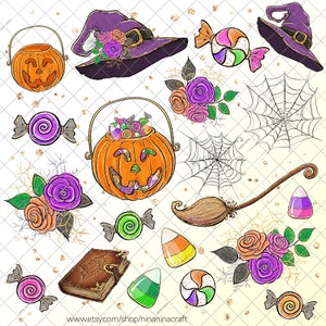 Cute Halloween Clipart Pack, Spooky Glitter Clip Art, Cute Bat, Candy ...