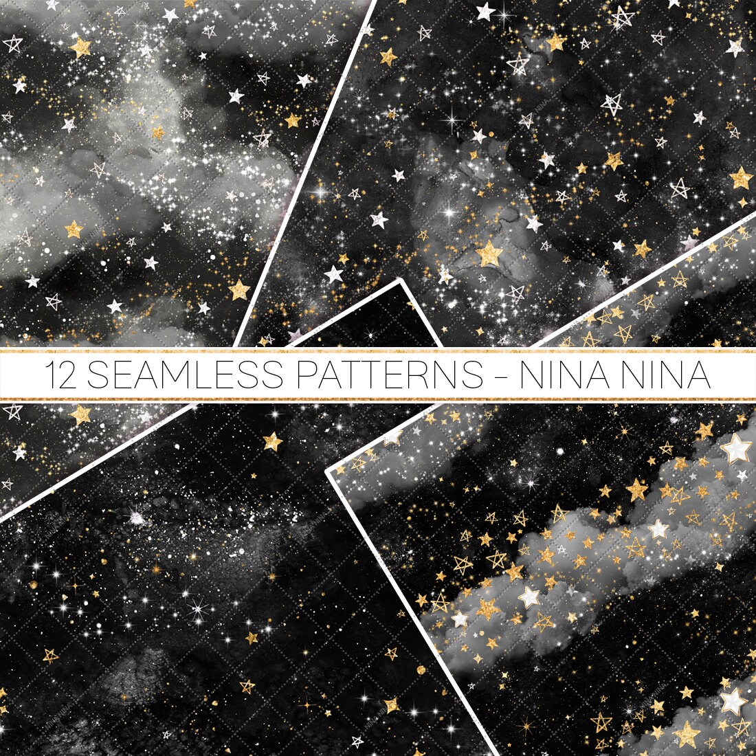 Stars Digital Papers, Gold Glitter Seamless Pattern, Black and White ...