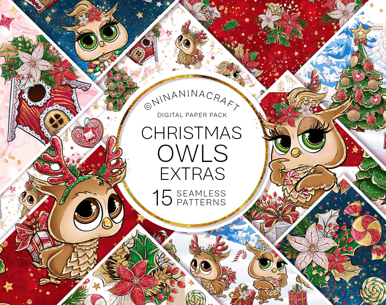 Cute Christmas Owls Digital Papers Glitter Seamless Patterns | Etsy