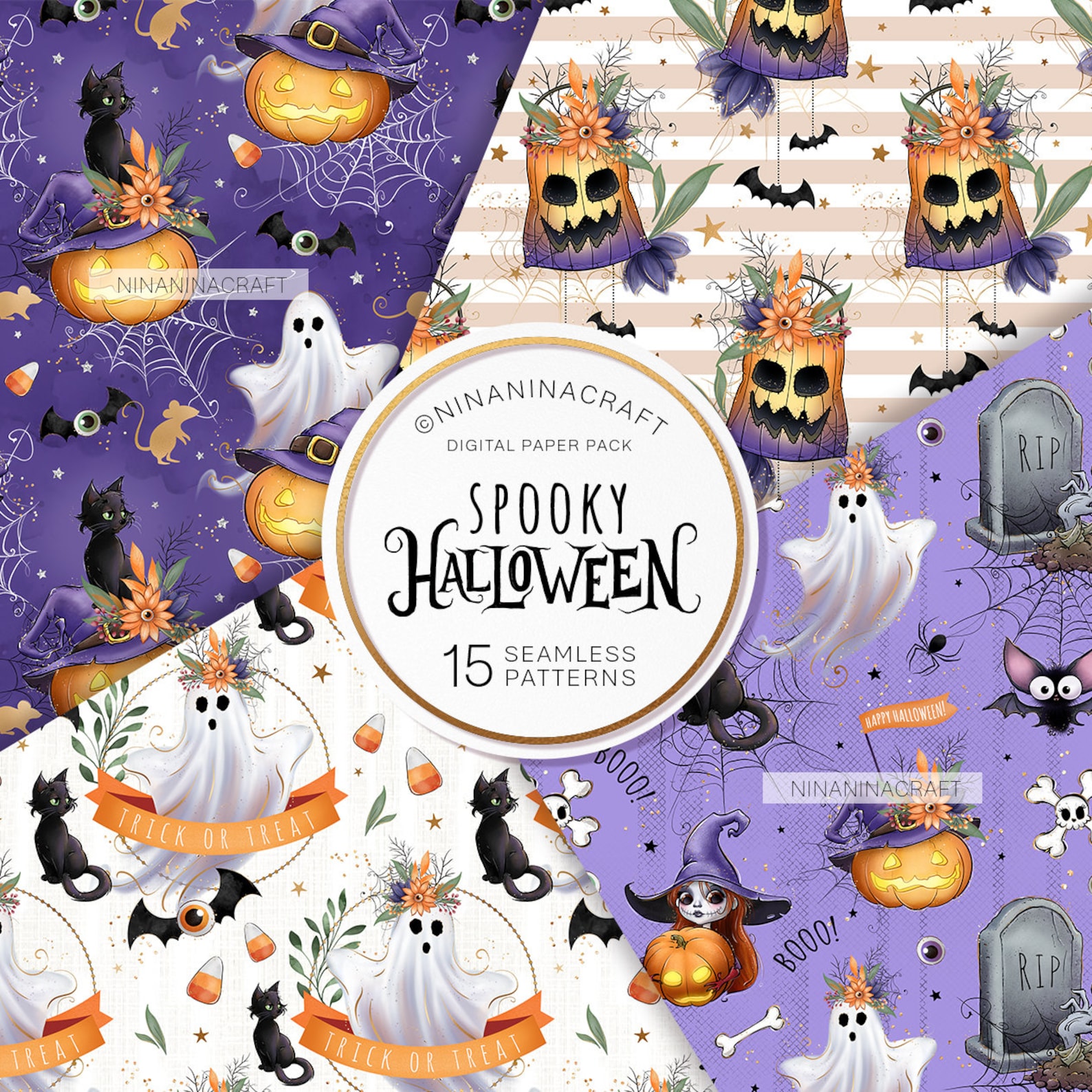 Cute Halloween Seamless Pattern Pack Spooky Digital Papers by - Etsy