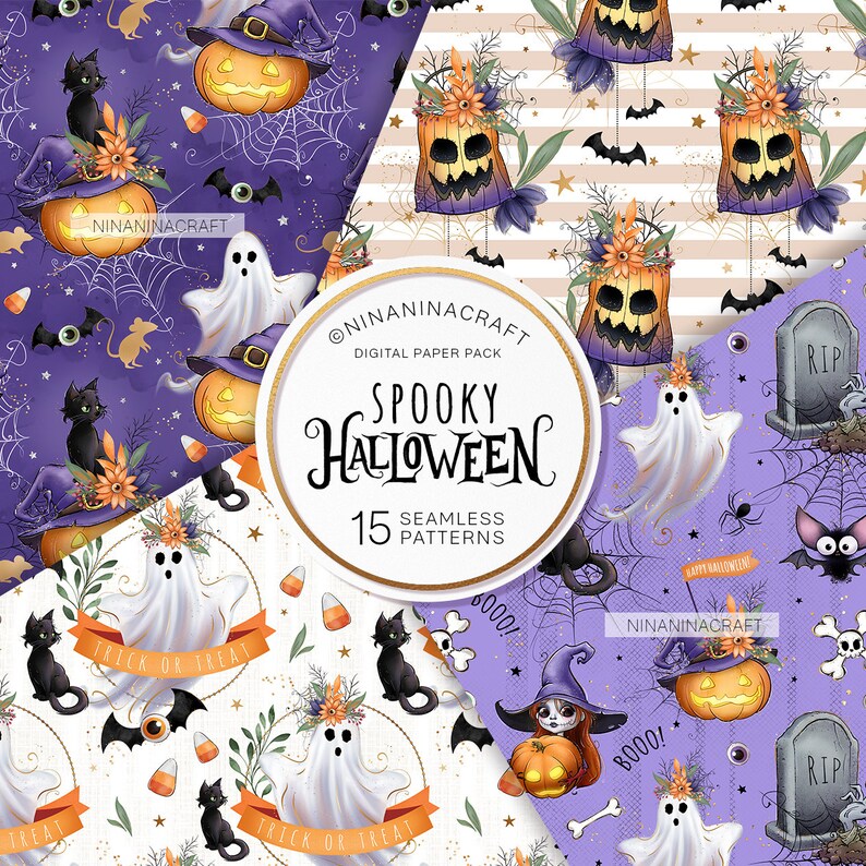 Cute Halloween Seamless Pattern Pack Spooky Digital Papers by - Etsy