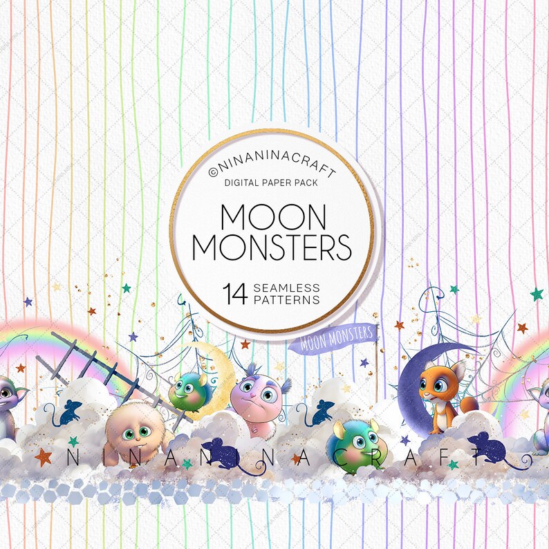 Cute Moon Monsters Seamless Patterns, Stars Digital Papers by ...