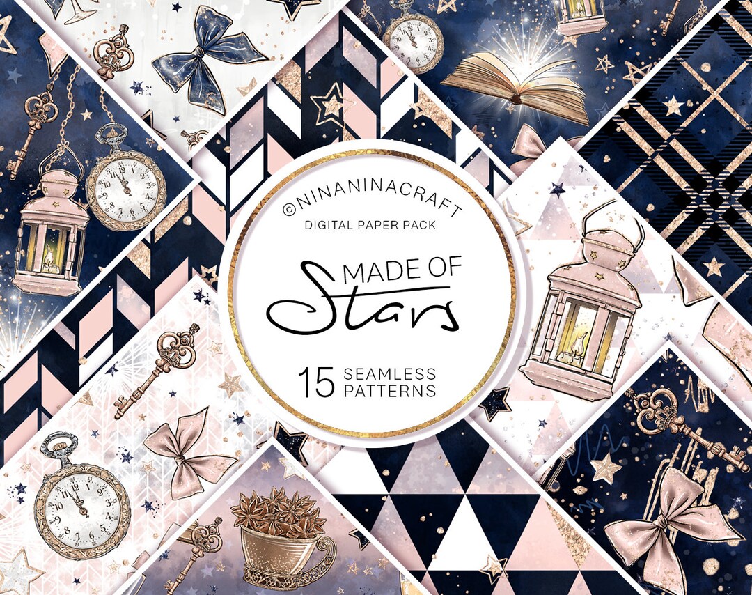Stars Digital Paper Pack, Gold Glitter Seamless Patterns, Party Fabric ...